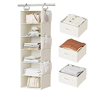 Pipishell Hanging Closet Organizer 6-Shelf, Hanging Shelves for Closet with 3 Removable Drawers & Side Pockets, Hanging Shelf Organizer for Bedroom or Garment Rack, 12'' x 12'' x 43.3'', White