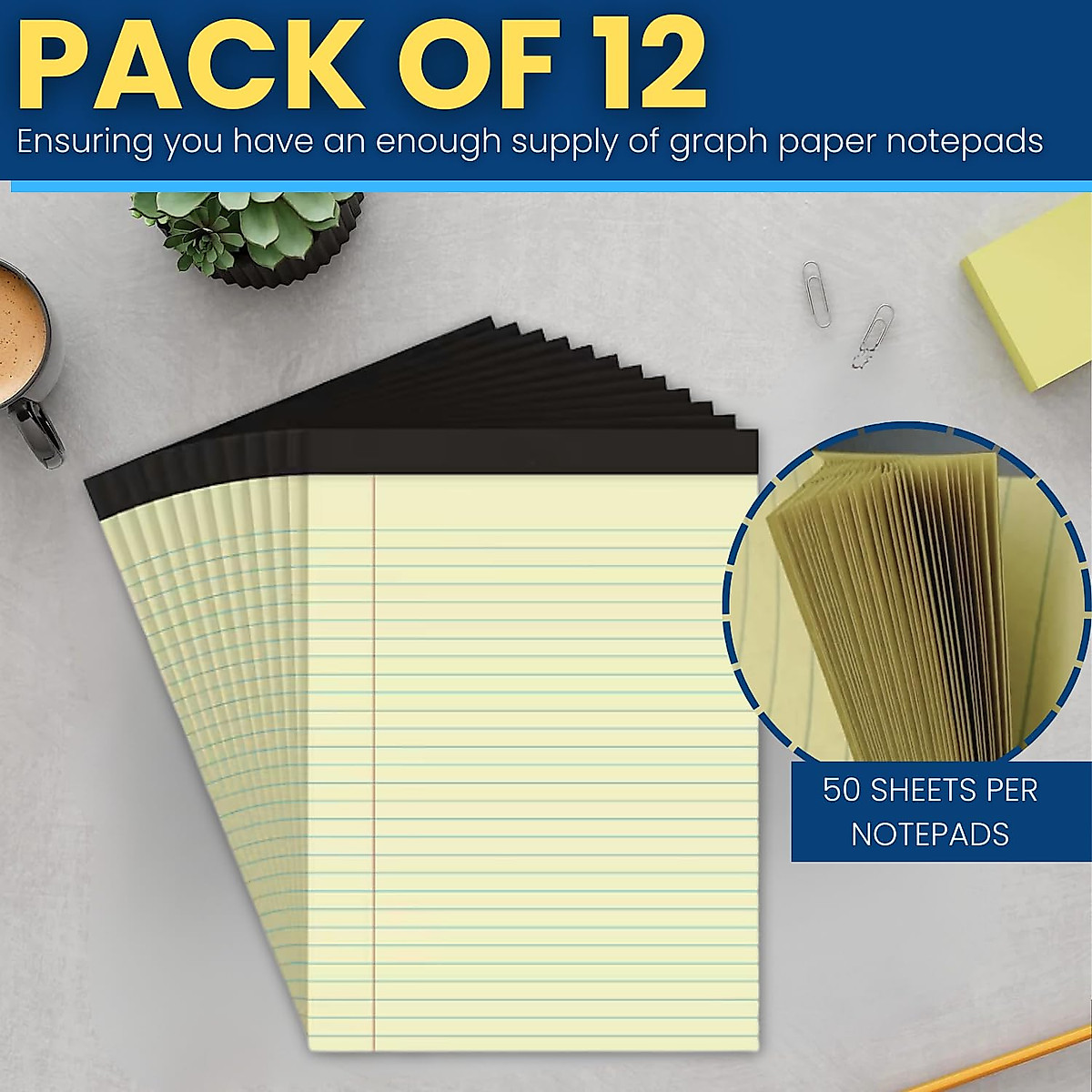 1InTheOffice Yellow Notepads 8.5 x 11, Wide Ruled Writing Pads, Yellow 50 Sheets per Notepads, 12/Pack