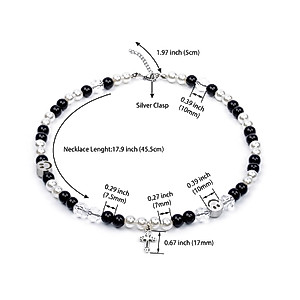 FLYEMMET Gothic Cross Charm Pendant Necklaces Y2k Fashion Black Beads Pearls Chain Choker Necklace for Women Men Jewelry Gifts (Smiley Face Beads)