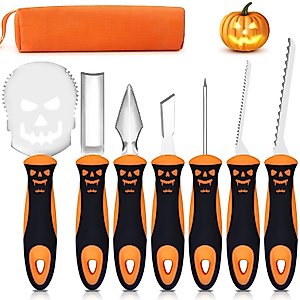 Bymugo 7 Pcs Halloween Pumpkin Carving Kit, Professional Heavy Duty Stainless Steel Tools, Carving Knives and Scoops, Ergonomic Handle Pumpkin Carving Set, Halloween Party Decoration Supplies