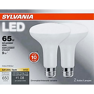 SYLVANIA LED Flood BR30 Light Bulb, 65W Equivalent Efficient 9W, 10 Year, 650 Lumens, Dimmable, 2700K, Soft White - 2 pack (73954)