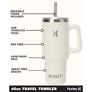 Hurley Tumbler Thermos - 40oz Double Wall Vacuum Insulated Travel Mug with Handle - BPA Free Stainless Steel Water Bottle - Leak Proof Hot and Cold Coffee Car Cup, Size 40 Ounces, Ivory