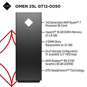 OMEN 25L Gaming Desktop PC, AMD Radeon RX 5700, AMD Ryzen 7 3700X, HyperX 16 GB DDR4 RAM, 1 TB SATA Hard Drive & 512 GB PCIe NVMe SSD, Windows 10 Home, VR Ready, RGB Lighting (GT12-0050, 2020 Model)
