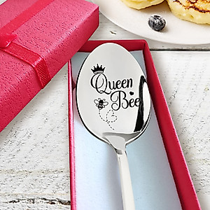 PZJIEAN Queen Bee Funny Engraved Stainless Steel Spoon, Best Ice Cream Coffee Dessert Spoon Gifts for Wife Girlfriend Sister Birthday Mothers Day Christmas