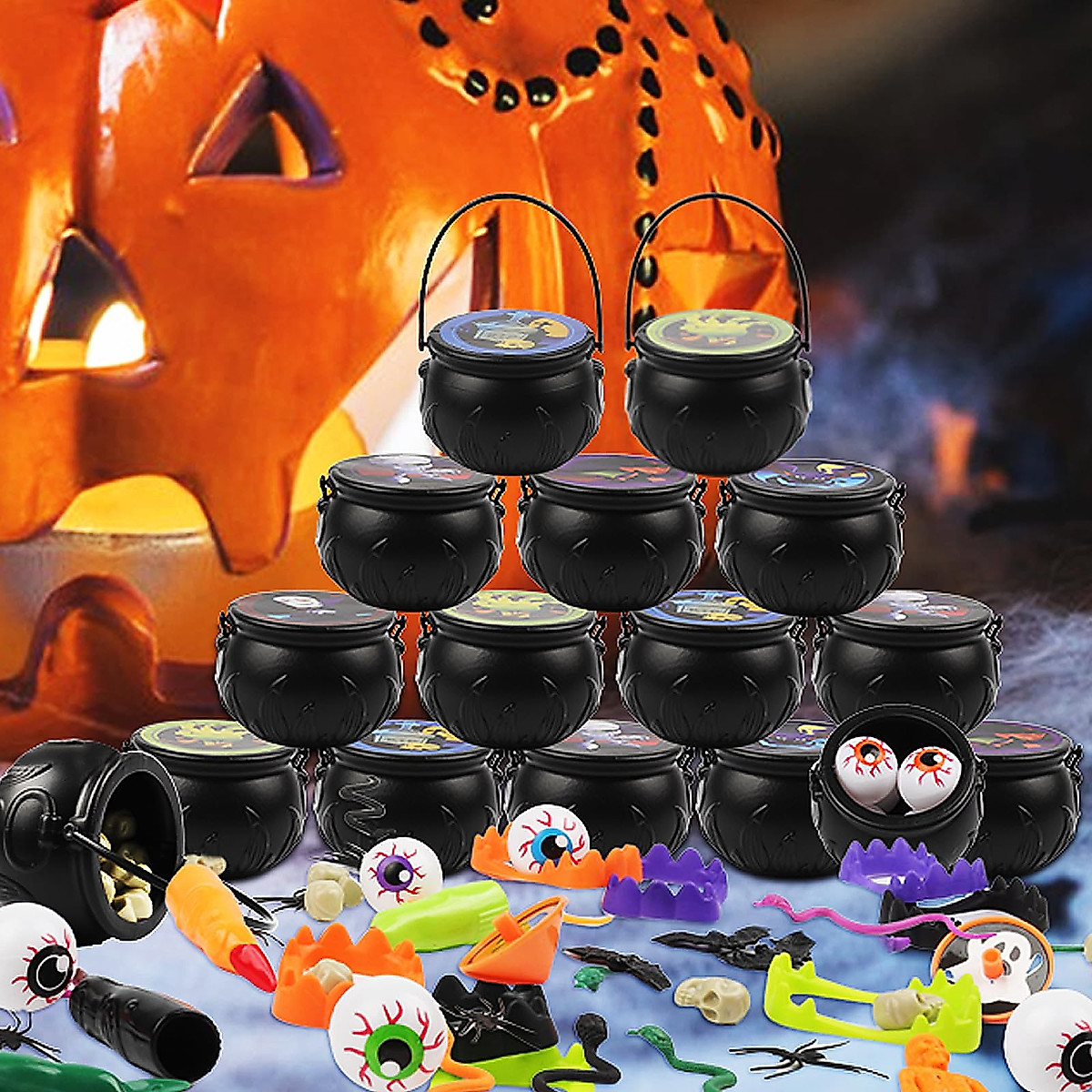 YiYa 264 PCS Halloween Mini Witch Cauldron Set 24 Pack Small Plastic Cauldron Black Halloween Candy Cauldron with Spider, Bat, Skull,Snakes for Witch Hocus Pocus Party Decorations