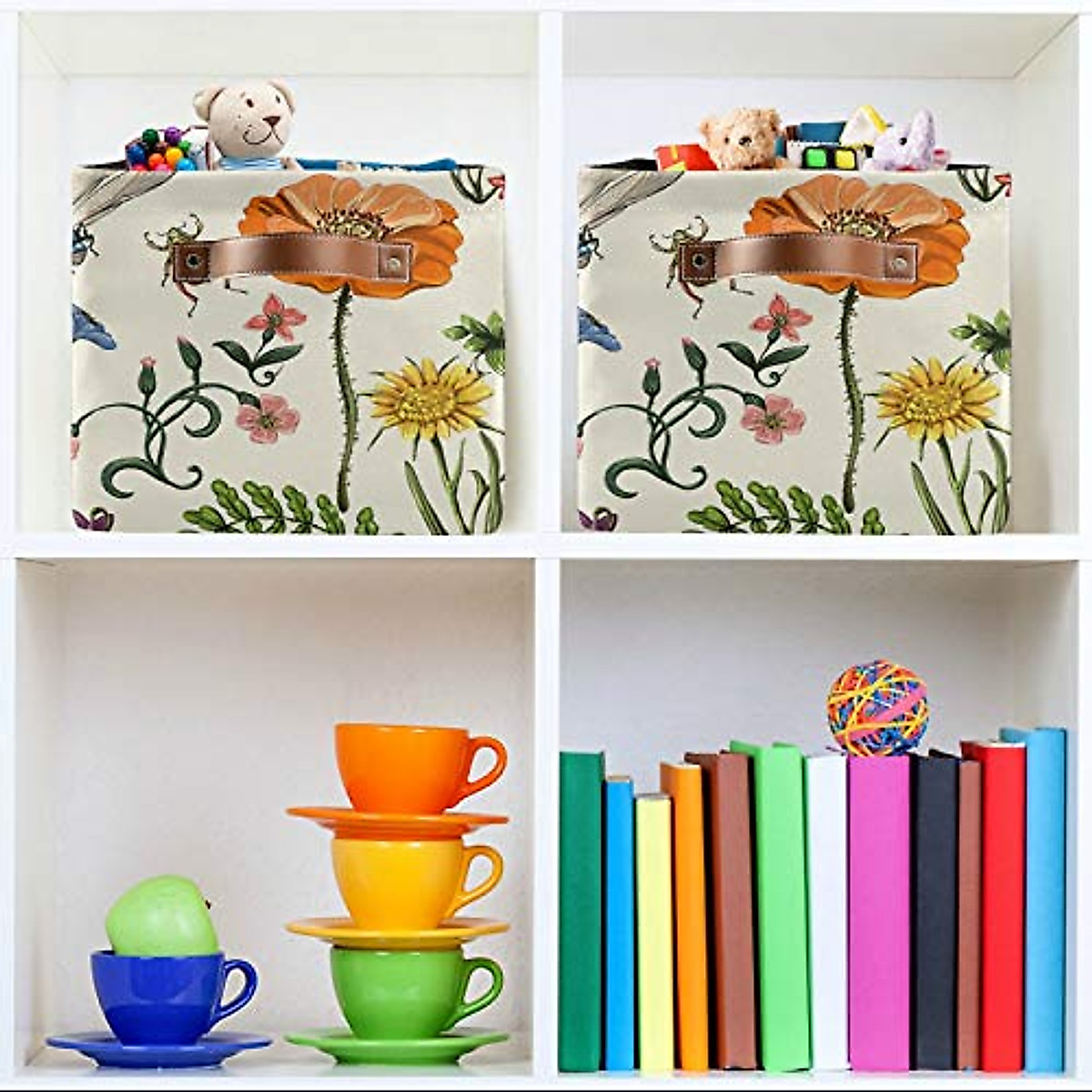 susiyo Large Foldable Storage Bin Beautiful Floral Fabric Storage Baskets Collapsible Decorative Baskets Organizing Basket Bin with PU Handles for Shelves Home Closet Bedroom Living Room-1Pack