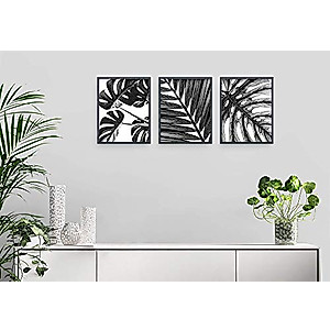 Grey Tropical Leaf Botanical Wall Art 3 Piece Print Set 8x10 Unframed Black and White Monstera and Palm Leaves for Bathroom, Bedroom Home Decor Idea