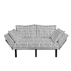 Lunarable Old Newspaper Futon Couch, Close up View of Aged Journal Page Headings News Articles Columns, Daybed with Metal Frame Upholstered Sofa for Living Dorm, Loveseat, Charcoal Grey White