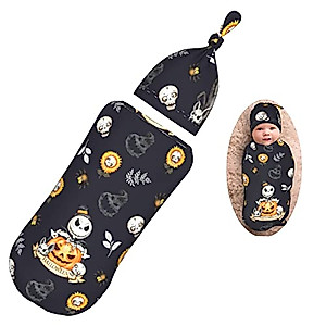 AuHomea Halloween Pattern in Black Skulls Newborn Swaddle Blanket Soft Unisex Infant Swaddle Wrap Blanket Baby Receiving Blanket with Beanie Hat for Boy and Girl