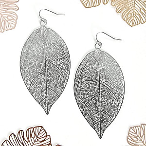 Humble Chic Big Filigree Leaf Earrings - Lightweight Cutout Oversized Drop Dangles - Long Vintage-Style Dangling Drops, 3.5" inch - Large Silver