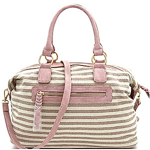 Boho Tassel Leaf Charm Aztec & Stripe Embroidered Canvas Satchel Tote Handbag Purse (Embroidered Satchel - Beige/Blush)