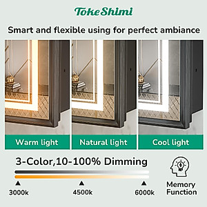 TokeShimi 24x30 Recessed Medicine Cabinet with Lights Mirror, 3-Color Stepless Dimmable LED Mirror Medicine Cabinet Defog, in Wall Medicine Cabinet with 2 Electrical Outlets