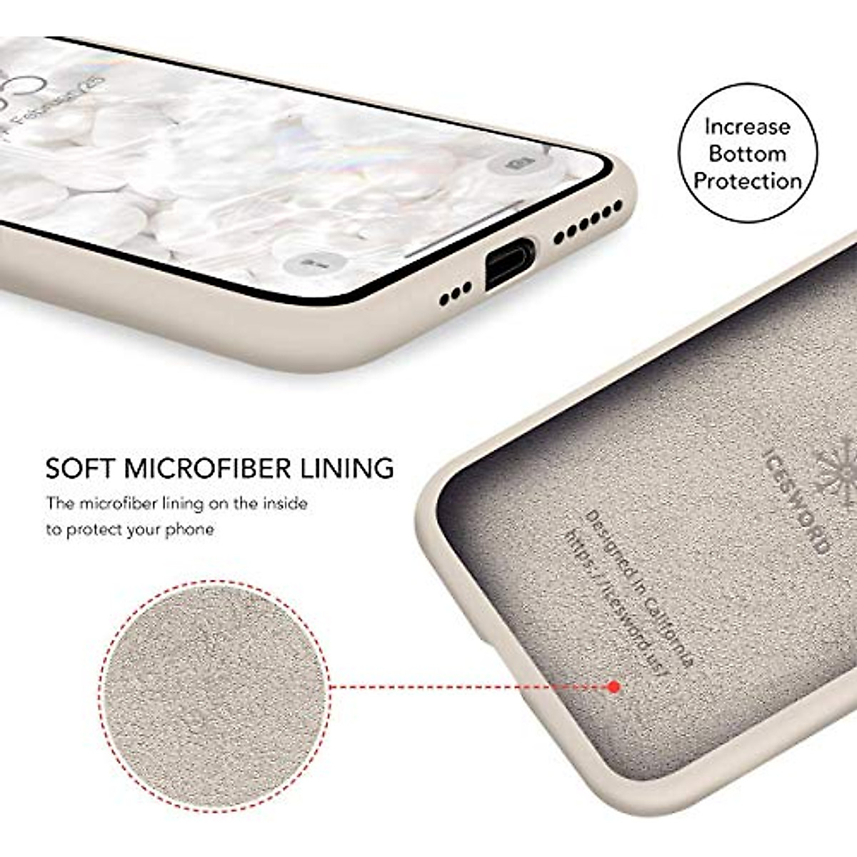 IceSword iPhone 11 Pro Max Case Stone, Thin Liquid Silicone Case, Soft Silk Microfiber Cloth, Matte Beige, Tan, Creamy, Gel Rubber Full Body, Cool Protective Shockproof Cover 6.5" iP11PM - Stone