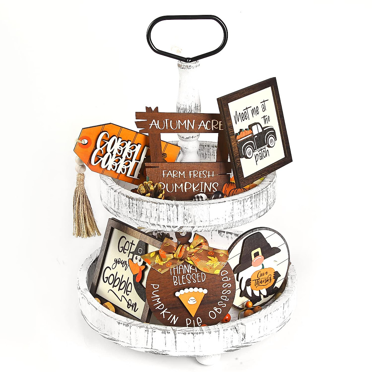 6 Pieces Thanksgiving Decoracion Fall Tiered Tray Decor,Pumpkin Turkey Gnomes Fall Wooden Tiered Tray Decor Top Decor Table Signs for Home Farmhouse Tabletop