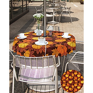 Thanksgiving Outdoor Tablecloths with Umbrella Hole and Zipper, Fall Pumpkin Maple Leaves Orange Yellow Brown Waterproof/Stain Resistant Round Table Cloth 54'' Patio Table Cover for Picnic/Party