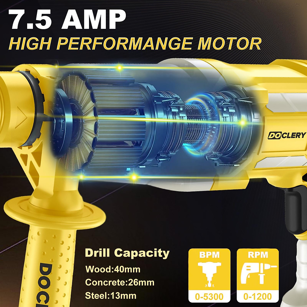 DOCLERY 1-1/4 Inch SDS-Plus Rotary Hammer Drill,7.5AMP,One Knob 4 Functions with Speed Adjustment, 5 SDS-Plus Bits