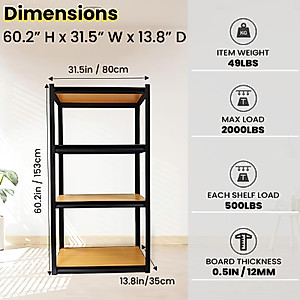 WRSTER-TECH Storage Shelf 4 Tier Adjustable Garage Storage Organizer, Heavy Duty Metal Storage Utility Rack Shelving with Thicken Wooden Board for Kitchen Warehouse Pantry Closet Office