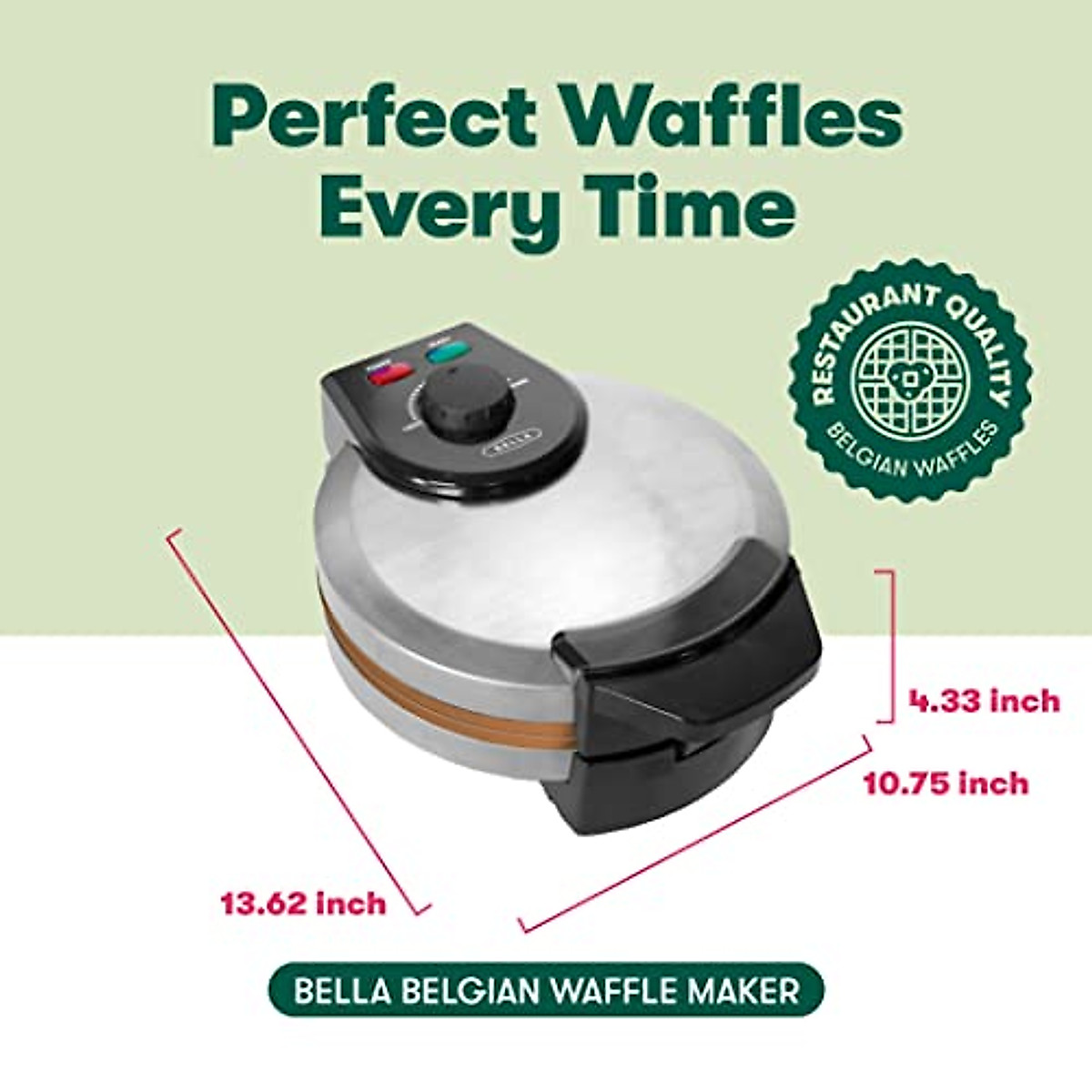 BELLA Classic Belgian Waffle Maker, 7" Round, Non Stick, Waffle Iron Makes 1” Thick Waffles, Variable browning control knob, Stay-cool handle with locking latch, Stainless Steel