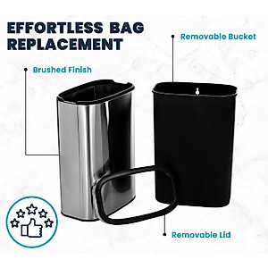 Alpine Industries 40 L / 10.5 Gal Stainless Steel Slim Open Trash Can - Compact Garbage Bin - Wide Access Top Slender Durable Receptacle with Sturdy Plastic Liner