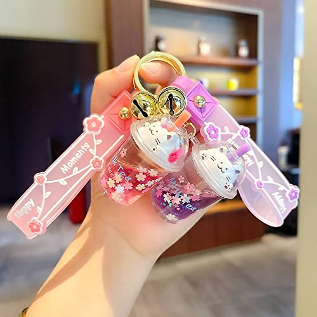 Sunfans Girls Women Keychain, Summer Beautiful Flower Milk Tea Bubble Tea Lucky Fortune Cat Cup Moving Sand Liquid Keyrings, Acrylic Car Key Chain Key Ring Bag Pendant Key Holder Wrist Strap -Pink
