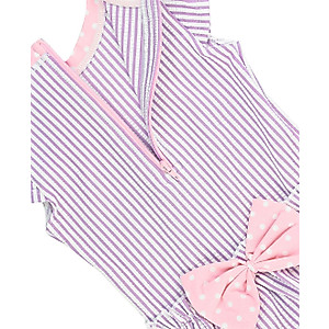 RuffleButts Infant/Toddler Girls Peplum Skirt One Piece Rash Guard Swimsuit - Lilac Seersucker - 12-18m