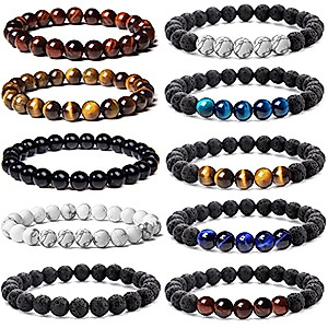 WAINIS 10 Pcs 8mm Gemstones Beaded Bracelets for Men Women Lava Stone Essential Oil Diffuser Healing Stretch Round Bead Crystal semi-precious Bracelets Unisex