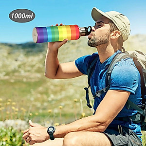 Kigai Rainbow Striped Insulated Water Bottle 22oz Stainless Steel Vacuum Cup with Straw Lid Leakproof Thermal Bottles for Sport Keep Cold/Warm