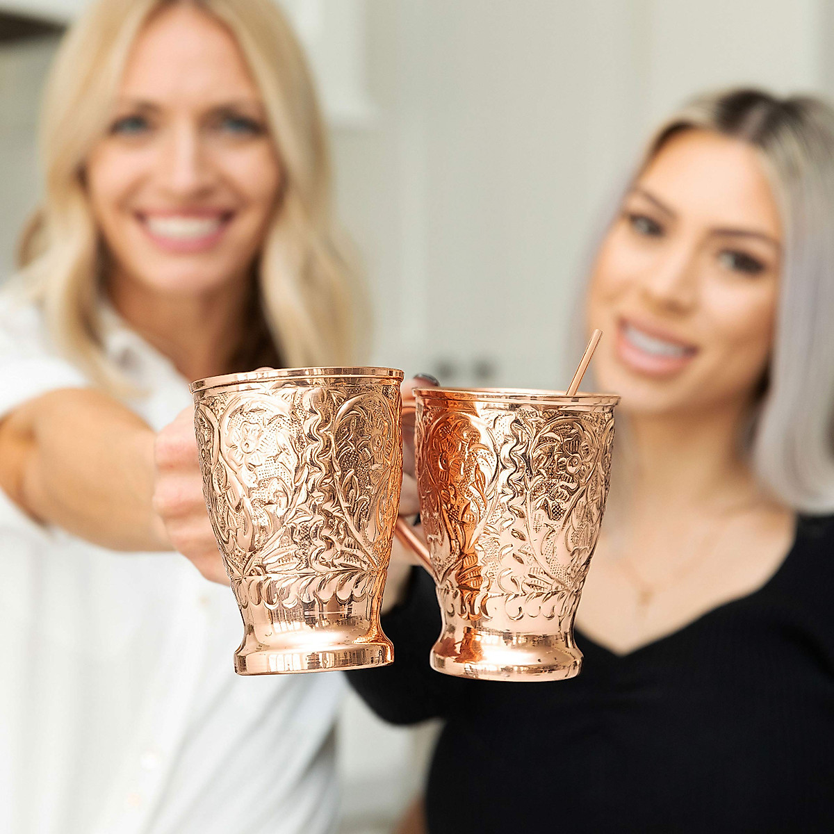 Kamojo Pure Copper Shot Glasses (Set of 4) - Moscow Mule Drinking Shot Glass for Home, Kitchen, Bar - Barware Drinking Glass for Tequila Vodka Cocktail Shooters - Custom Embossed Metal Drinkware Gift