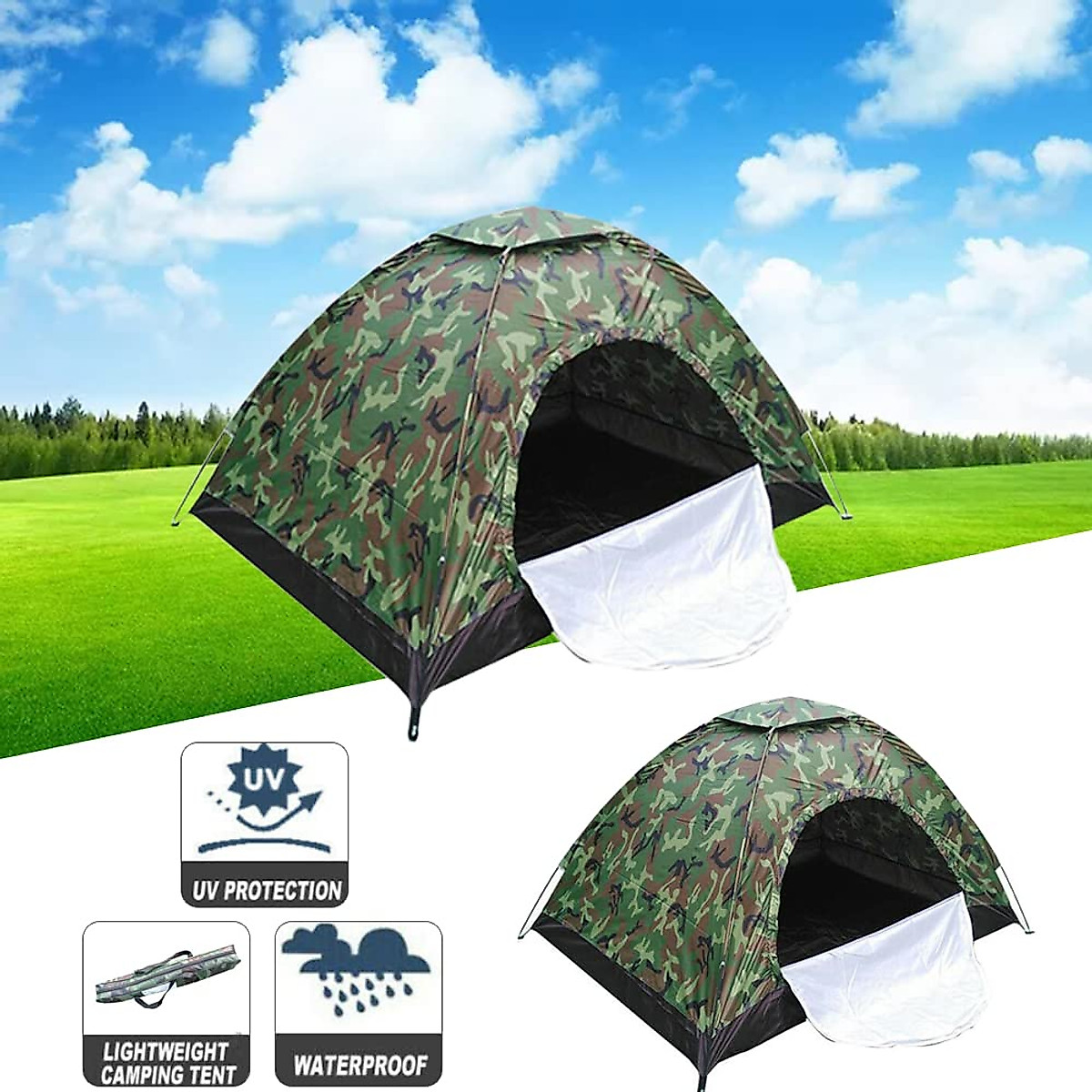 Camping Dome Tent Camouflage, Lightweight Waterproof Camping Tent with Carry Bag Portable Windproof Backpacking Tent Spacious Family Tents for Outdoor Camping Hiking (1-2 Person)