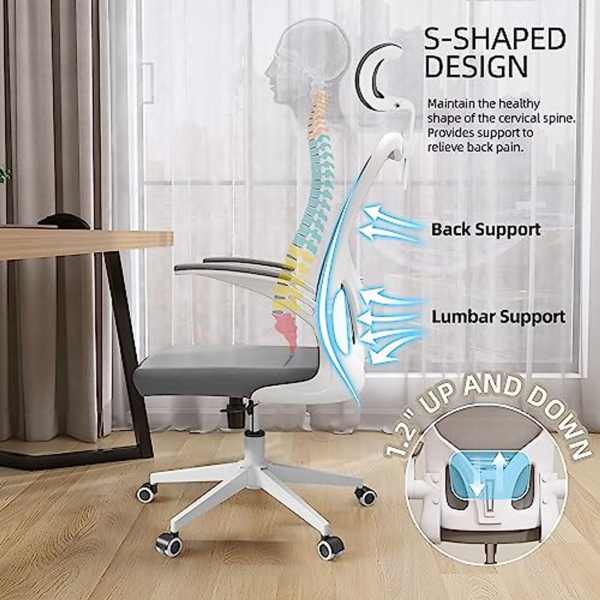 Monhey Ergonomic Office Chair, Home Office Desk Chairs with Adjustable Headrest, Lumbar Support, 2D Armrest, Big and Tall Office Chair 220lbs Heavy Duty Office Chair with Metal Base - Grey