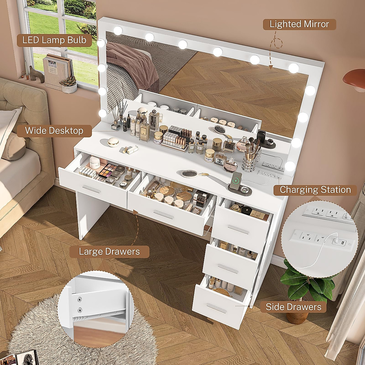 FIONESO 47.2" Large Vanity Desk with Mirror & 14 LED Lights, Makeup Vanity Table with 5 Drawers & Charging Station, Makeup Vanity Desk, 3 Lighting Colors, Dressing Vanity Table for Bedroom, White