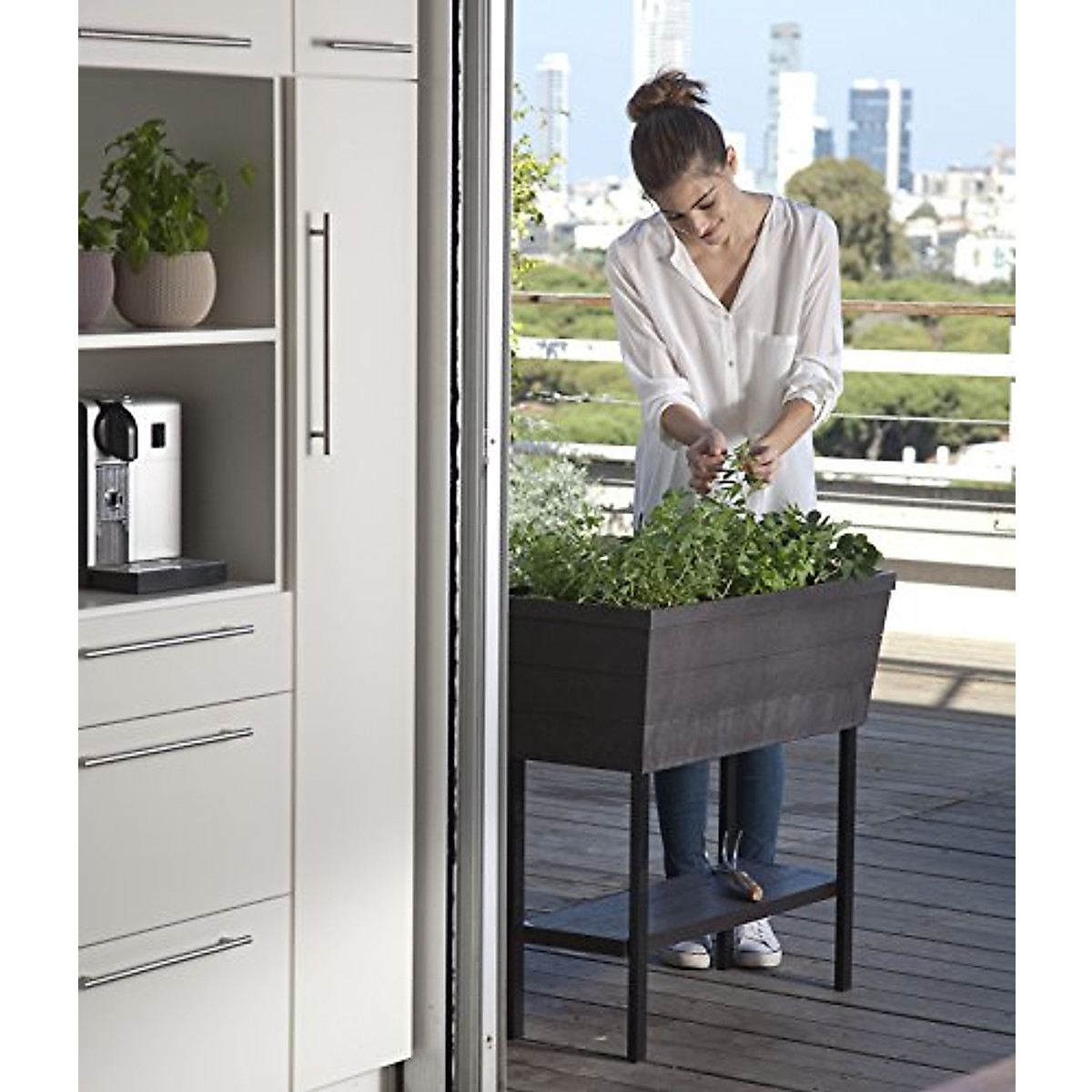 Keter Urban Bloomer 12.7 Gallon Raised Garden Bed with Self Watering Planter Box and Drainage Plug, Dark Grey