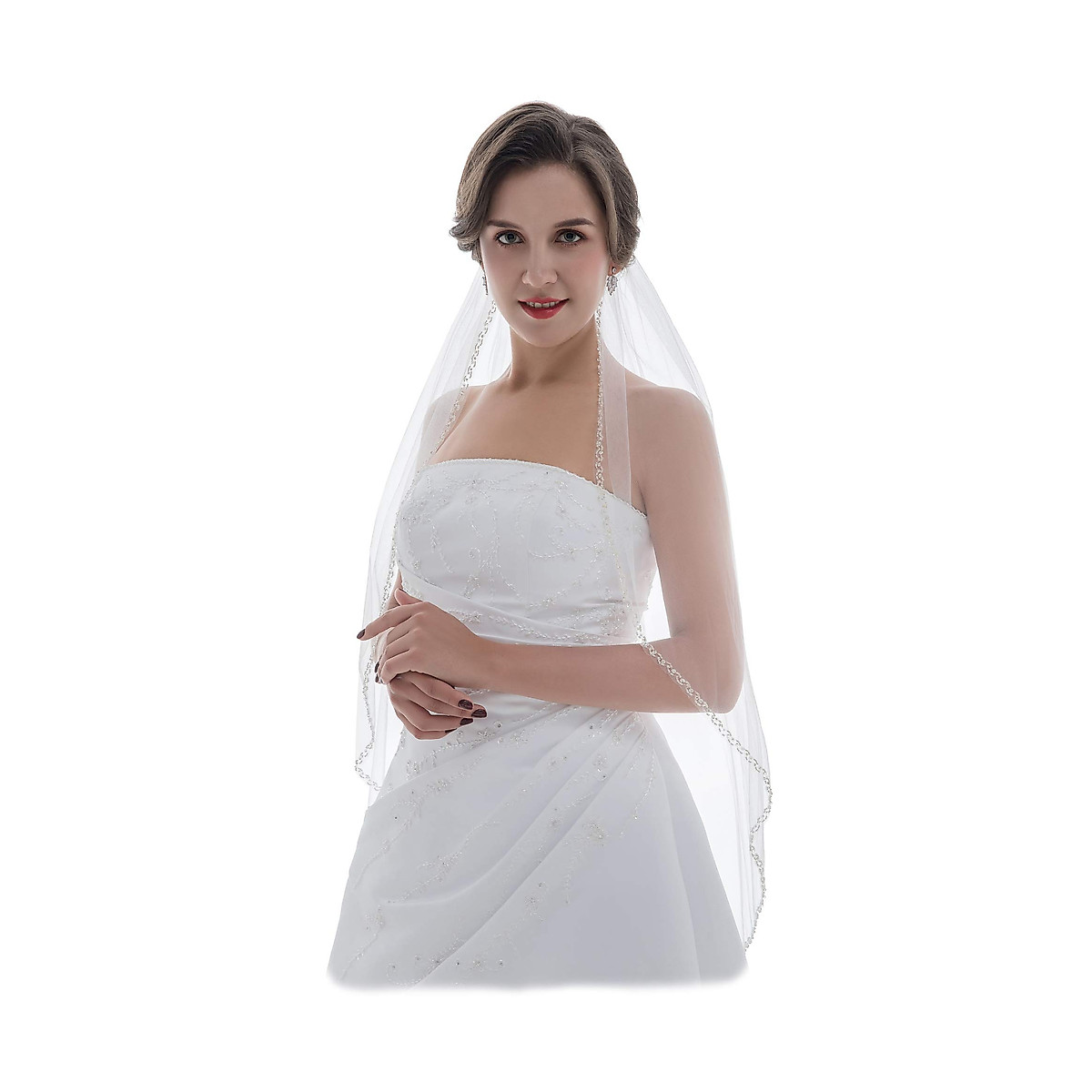 SAMKY 1T 1 Tier Double Row Alternating Crystal Beaded Veil - White Fingertip 36" V492