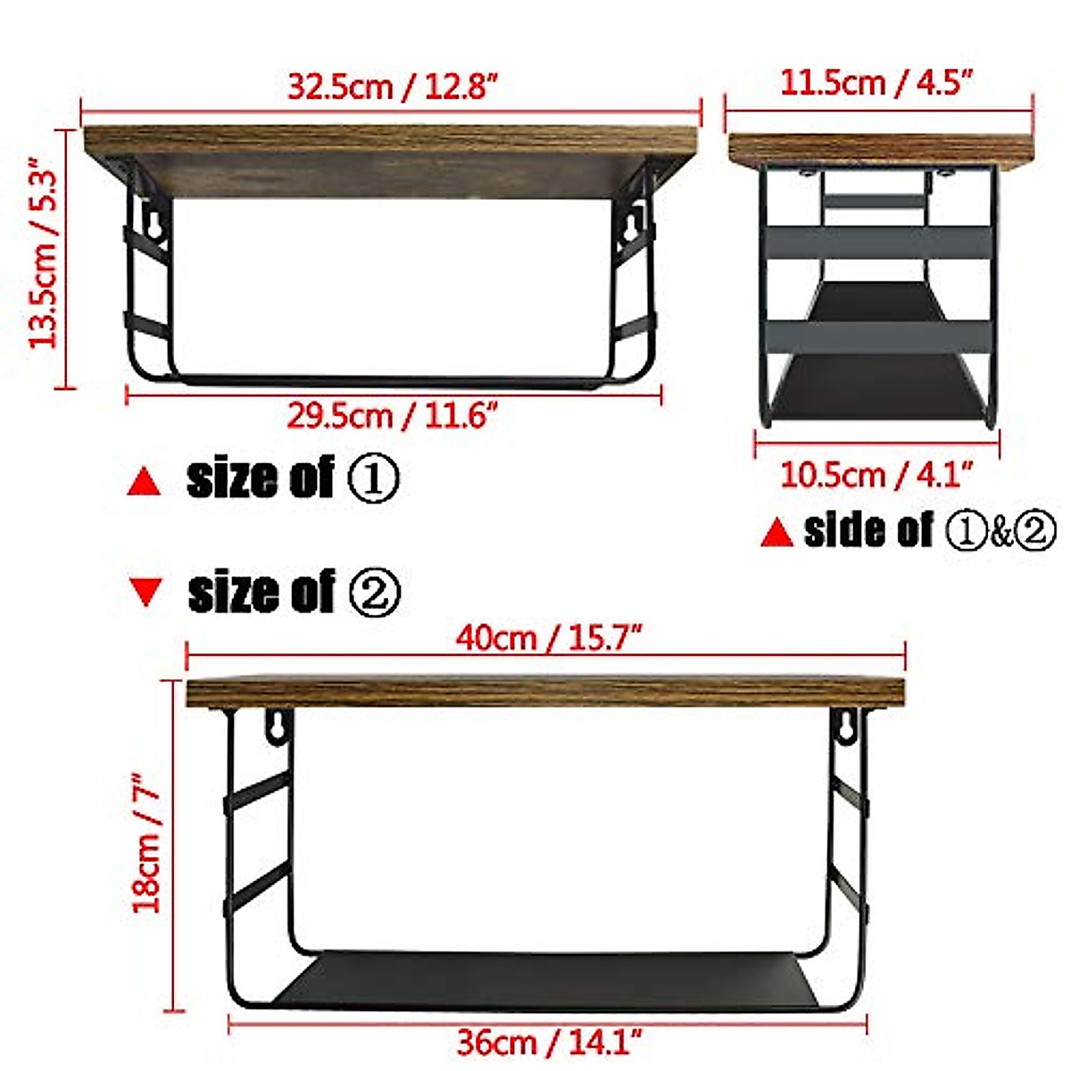 2 Tier Wall Mounted Shelf Set of 2, Wall Floating Shelves with Black Metal for Bedroom, Living Room, Bathroom, Laundry Room, Kitchen, 2 Different Sizes