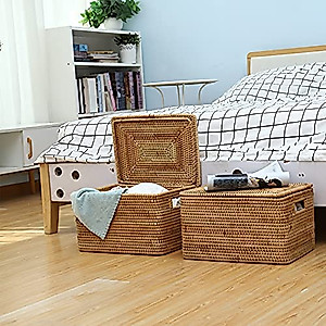 FIYAMMY Rattan Basket With Lid, Large Lidded Basket For Storage Rattan Box(15.3" L×11.4"W×9.5"H)