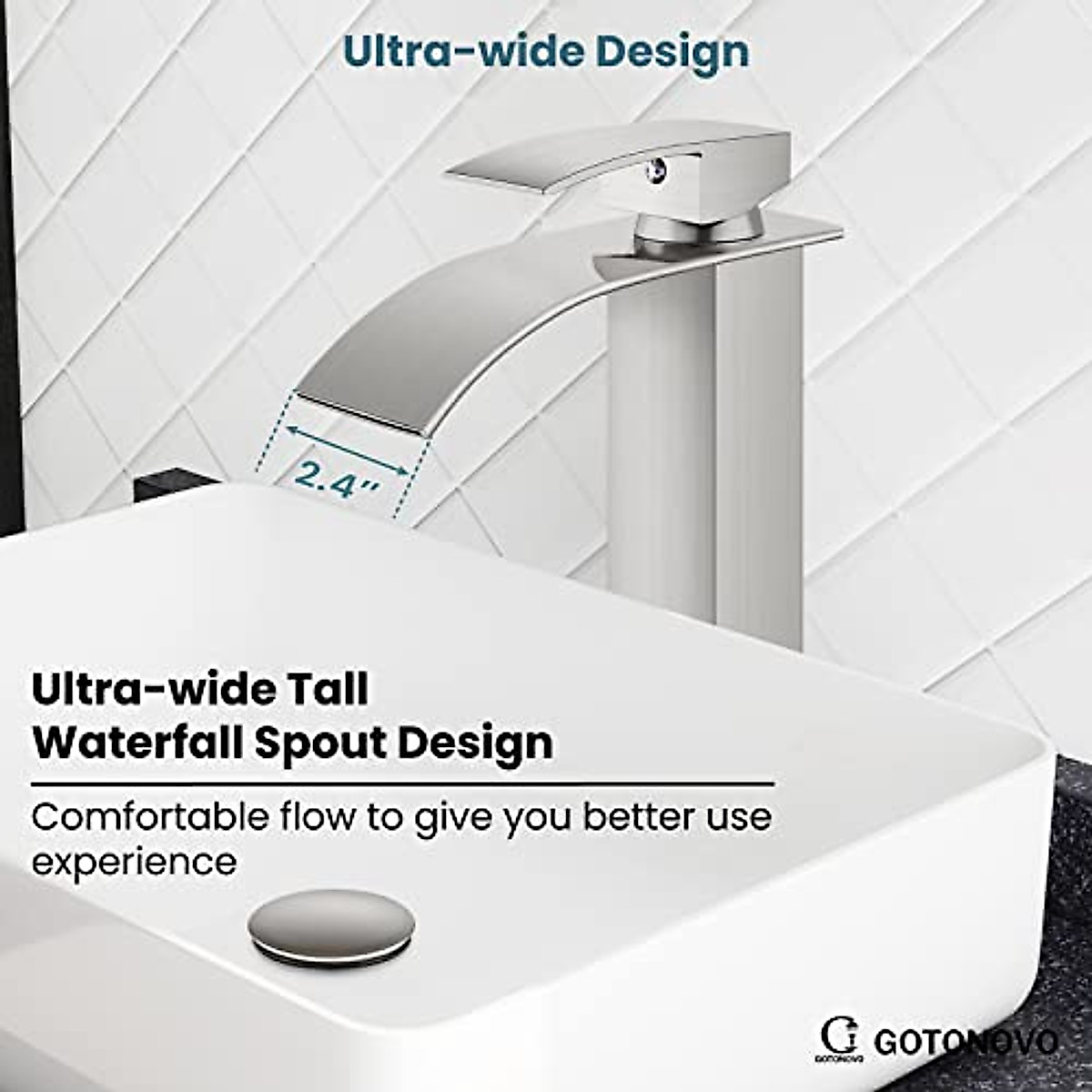 gotonovo Waterfall Bathroom Faucet,Single Handle Bathroom Faucets for 1 Hole Sink,Vessel Bathroom Sink Faucet Stainless Steel Mixer Tap Wash Basin Faucet,No Drain,Brushed Nickel