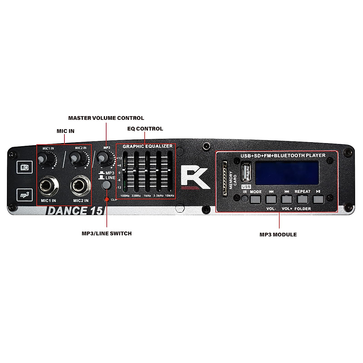 Proreck Dance 15 Portable 15-Inch 2000 Watt 2-Way Powered PA Speaker System Combo Set with Bluetooth/USB/SD Card Reader/FM Radio/Remote Control/LED Light