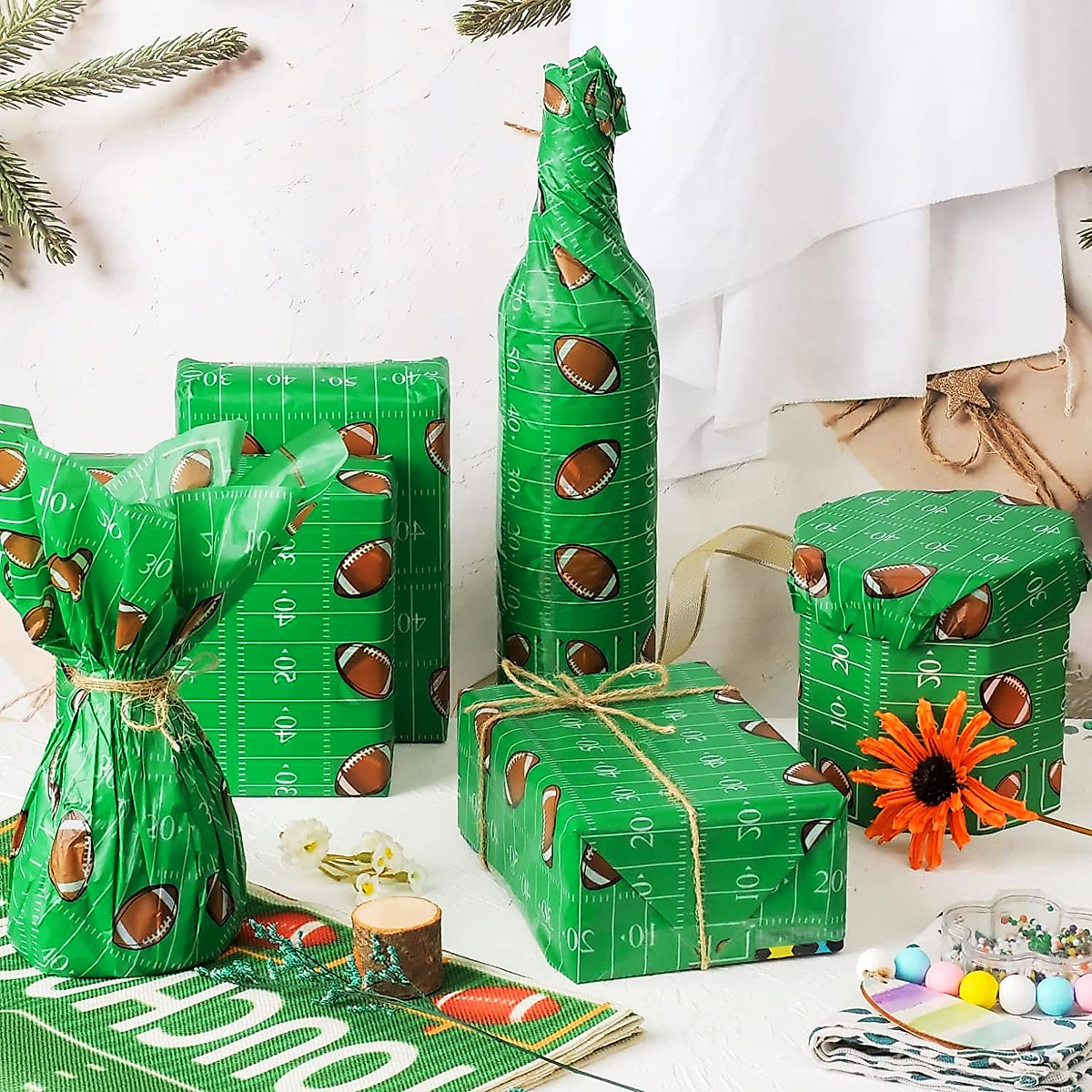 Kavoc 100 Sheets 20 x 14 Inch Football Tissue Paper Rugby Ball Wrapping Paper Sheets Bulk for Gift Wrapping Green Football Field Tissue Paper for Birthdays Party Gift Bag DIY Pompom Confetti Crafts