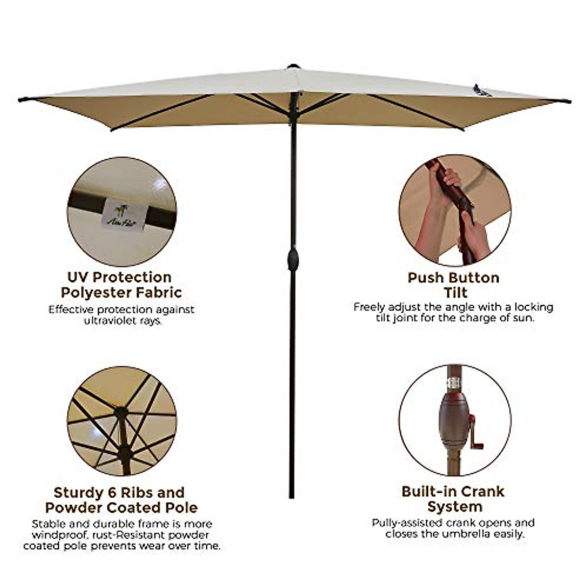 Abba Patio 6.5 x 10ft Rectangular Patio Umbrella Outdoor Market Table Umbrella with Push Button Tilt and Crank for Garden, Lawn, Deck, Backyard & Pool, Beige