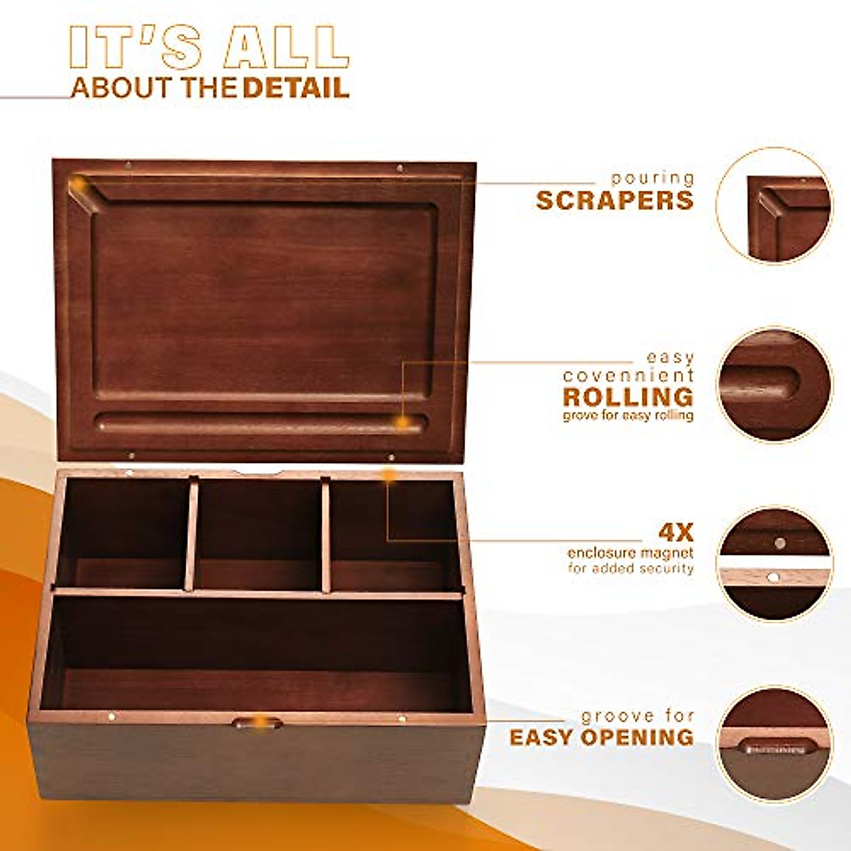 VUTADA Wood Stash Box Large with Rolling Tray - 11” x 8” x 4” Keepsage Storage Box - Handmade Decorative Stash Box with Magnetic -- Premium Quality Dovetail Design Wooden Boxes ( Wood)