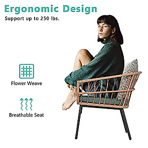 wOod-it 3 Piece Patio Furniture Outdoor Conversation Bistro Set with Tempered Coffee Table and Wicker Chairs for Garden Balcony Backyard Yard Poolside (Green)