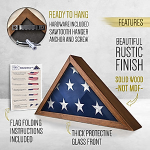 HBCY Creations Flag Display Case for 5' x 9.5' American Veteran Burial Solid Wood Rustic Brown Frame with Glass Front Wall Mount or Standing Display, Box