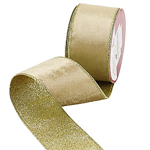 HUIHUANG Champagne Velvet Wired Ribbon 2-1/2" Champagne Gold Christmas Ribbon with Glitter Gold Backing, for Christmas Tree, Tree Top Bows, Wreaths, Graland, Home Decor, Crafts-10 Yards