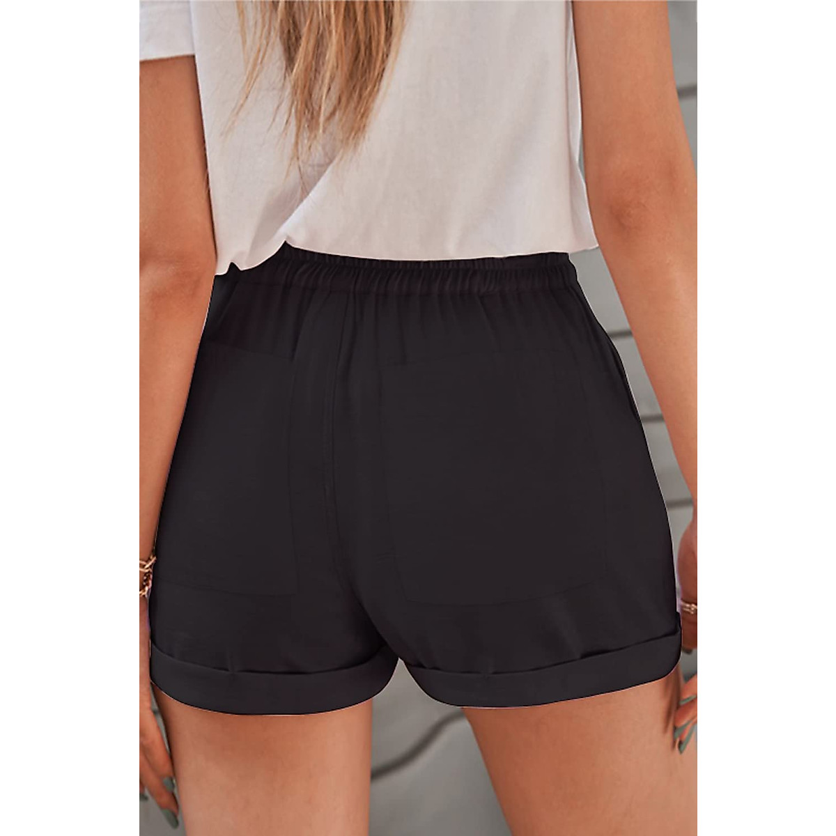 YOCUR Womens Elastic Wide Waistband Cotton Linen Casual Comfy Shorts Drawstring Pockets High Waisted Cuffed Hem Short Pants Black XL