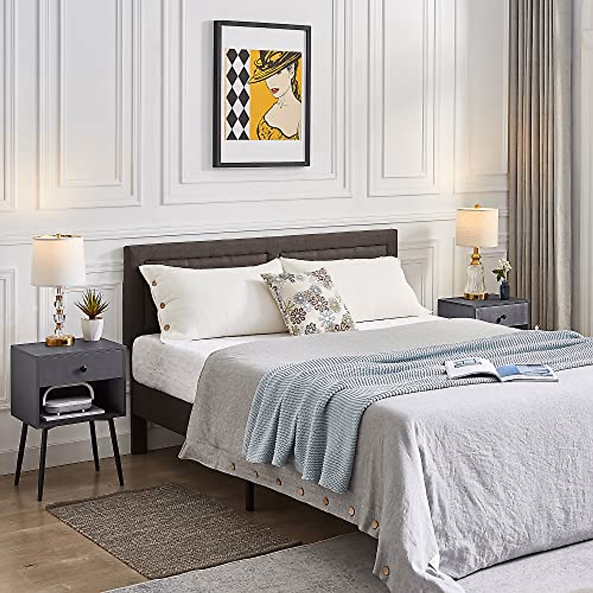 VECELO Nightstands Set of 2 Industrial 2-Tier Night Stand/Side Table with Drawer, Wood Mid Century End Tables for Small Places, Bedrooms, Living Room, Home, Farmhouse,Gray