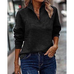 BTFBM Womens 2023 Fall Fashion Quarter Zip Sweatshirts Half Zip Casual Long Sleeve Solid Color V Neck Pullover Tops(Solid Black,Medium)
