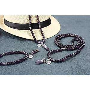 Jovivi 108 Mala Beads Bracelet 8mm Natural Amethyst Healing Crystal Stone Mala Prayer Bead Necklace Hexagonal Prism Gemstone Reiki Pointed Pendant for Yoga Meditation Energy Balancing