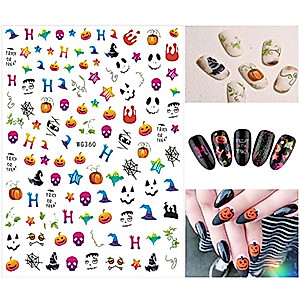 8 Sheets Halloween Nail Stickers 3D Halloween Nail Decals Halloween Pumpkin Skull Bat Nail Stickers Holographic Horror Stickers Accessories for Halloween for Women Girls Acrylic Nails DTY Halloween