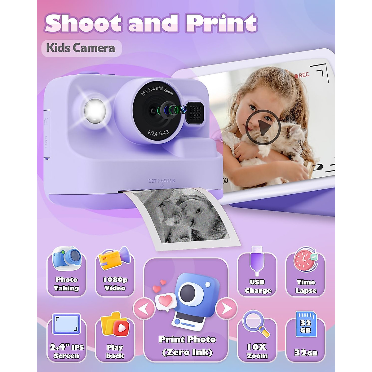Kids Camera Instant Print, MEETRYE Instant Print Camera for Kids 4-14 Year Old, Christmas Birthday Gifts Digital Camera Toy for 5 6 7 8 9 10 Year Old Girls Boys Toddlers