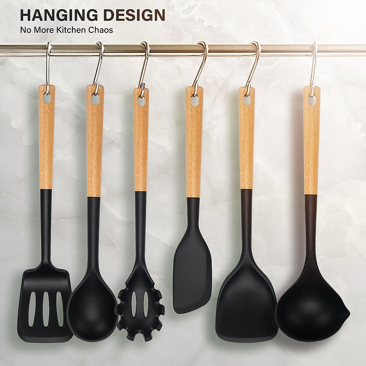 Kitchen Utensils Set, Hvygss Black Silicone Cooking Utensils Set with Wooden Handle Heat Resistant Large Silicone Utensil Set Spoons Spatula Set